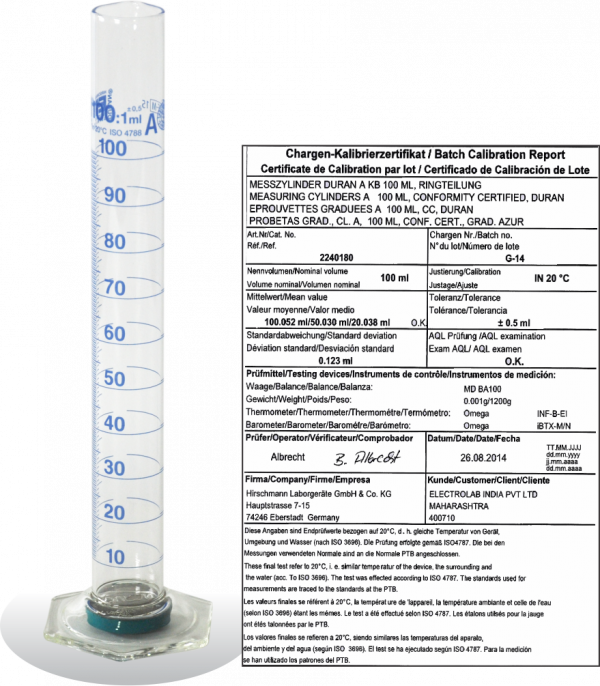 Measuring cylinder 100 ml ‘A’ with certificate – 0301A00001 | Electrolab